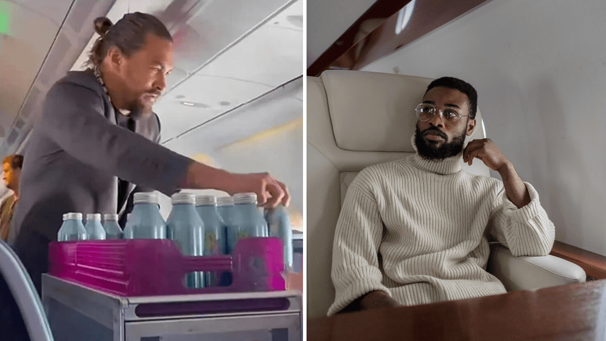 Jason Momoa Hands Out Mananalu Water on Hawaiian Airlines Flight